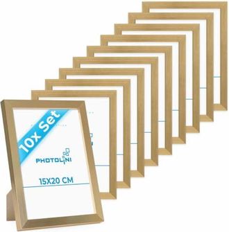 Photolini Cadre 15 x 20 bois MDF doré, lot de 10 cadres photo pour posters et affiches, verre acrylique incassable, décoration murale à suspendre & à poser, ave