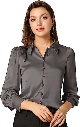 Allegra K Femme Chemise Boutonnée en Satin Vintage Chemisier à Col Rabattu et Manches Bouffantes Haut pour Bureau Gris XS
