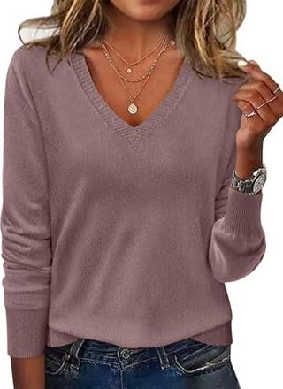 Minetom Pull Femme Pullover À Manches Longues en Tricot Sweat Col V Top Léger Couleur Unie Chandail Printemps Automne A Violet XXL