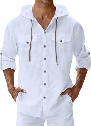 Generic DENGJIAMY Chemises &agrave; capuche &agrave; manches longues pour homme en lin uni &agrave; manches longues d&eacute;contract&eacute;es boutonn&eacute;es chemises tendance v&ecirc;tements de vacance