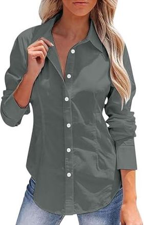 Generic Chemise à manches longues et boutons en lin pour femme, couleur unie, coupe ajustée, 2026, gris, XXL