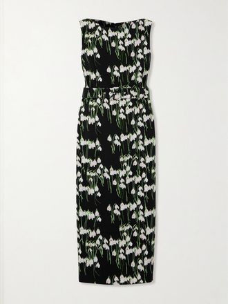Bernadette Lucille Midikleid Aus Cr&ecirc;pe Mit Blumenprint Und G&uuml;rtel - Schwarz