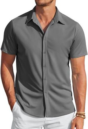 Coofandy Homme Manches Courtes Chemise été décontracté boutonné Chemise sans boutonné régulier fit Homme Outdoor Monochrome Beach Shirt Dark Grey XXL