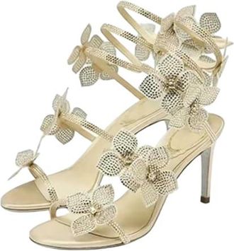 Generic YUJIEBB &Eacute;l&eacute;gant Rose Mariage Carstal Bow Talons Hauts Sandales Femme &Eacute;t&eacute; Sangle de Cheville Mince Talons Hauts Bout Ouvert Chaussures de F&ecirc;te, dor&eacute;, 4