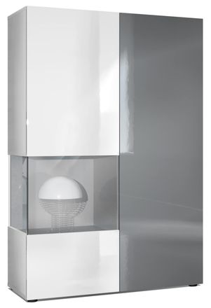 Vladon Vitrine Kommode Hochschrank Morena, Made in Germany, Korpus in Wei&szlig; matt/Rechte T&uuml;r und der Einsatz in Grau Hochglanz