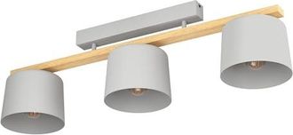 Eglo Deckenlampe Mariel, Deckenleuchte mit 3 Spots, Spotbalken skandinavisch, Wohnzimmerlampe aus Stahl in hellgrau und Holz, FSC100HB, Deckenspot mit E27 