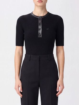 Courr&egrave;ges Top en maille &agrave; manches courtes et coupe slim avec encolure boutonn&eacute;e