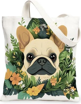 Generic Sac fourre-tout en toile motif bouledogue fran&ccedil;ais pour le shopping, 33 x 38,1 cm, sac d&eacute;picerie r&eacute;utilisable avec motif imprim&eacute; de plantes, fleurs, c