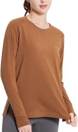 Baleaf Haut dentraînement à manches longues pour femme - T-shirt athlétique ample à col rond pour yoga, course à pied, randonnée, t-shirt ragalan SPF, marron