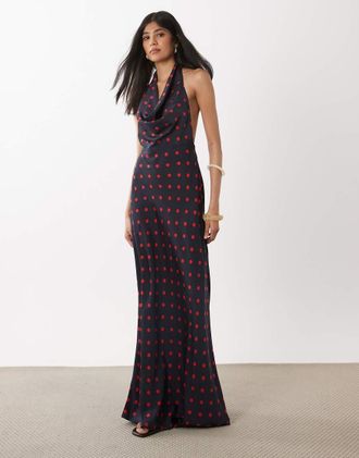 WeWoreWhat Robe longue dos nu &agrave; col b&eacute;nitier - Bleu marine &agrave; pois
