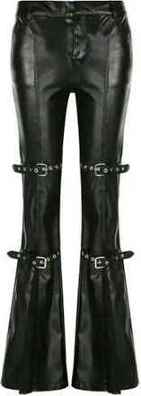 Generic QXDZSW Dentelle Patchwork Lace-up High Street Girl Pantalon en cuir Mode Beau Street Personnalit&eacute; Micro Flare Pantalon Femme, Noir, L