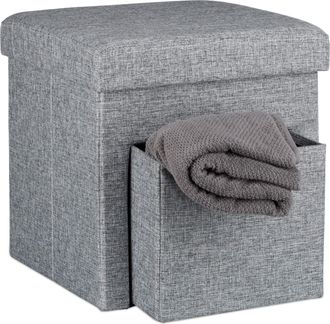 Relaxdays Faltbarer Sitzhocker, Leinen, Aufbewahrungs-Fach, abnehmbarer Deckel, Sitzw&uuml;rfel, HBT 38 x 38 x 38 cm, grau