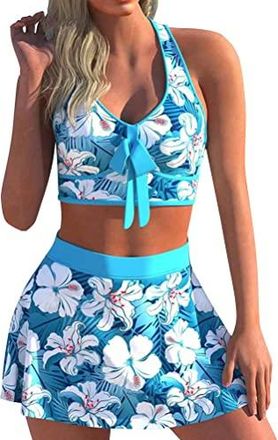 Onsoyours Maillot De Bain Deux Pièces pour Femme Fleur Imprimé Push Up Haut À Volants Short Taille Haute Vintage Bikini Ensemble Set Swimwear De Plage Beachwear