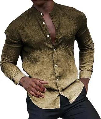 Generic Chemise à manches longues pour homme - Dégradé - Manches longues - Imprimé - Coupe droite - Décontractée - Chemise boutonnée - Chemisier de bureau - V