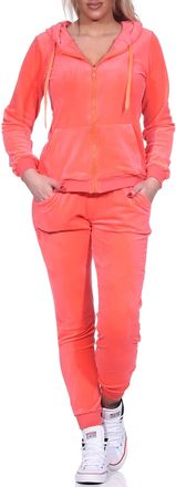 Jela London Damen Nicki Hausanzug Jogginganzug Velour Samt Jogging Freizeit Hose Kapuzen Jacke, Neon Apricot, 36-38 (M)