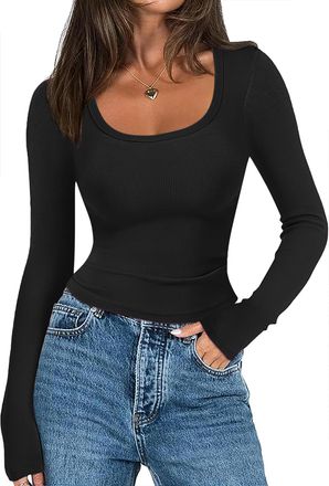 Zeagoo Damen Enges Top Langarm Rundhalsausschnitt Rippstrick Shirts Lässig Schmal Basic T-Shirt Herbst Langarmshirts