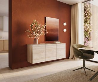 DELIFE Sideboard Cuor 150 cm Keramik Laminam Travertino Bianco Creme-Wei&szlig; 3 T&uuml;ren Schwebend, Sideboards