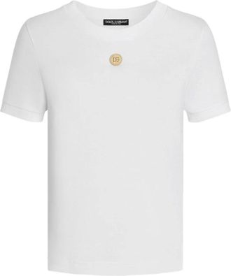 Dolce & Gabbana Femme, Tops, Blanc, Taille: 34 FR T-shirt &agrave; Manches Courtes et Col Rond avec Plaque Logo DG