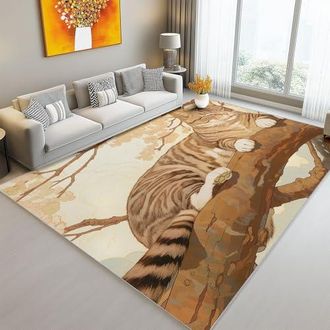 Generic Brun ch&acirc;taigne Lavable en Machine Tapis Salon R&eacute;tro Chat Arbres, 120 x 180 cm Doux Tapis de Sol Pelucheux Dessous Antid&eacute;rapant, Entree Interieur Chamb