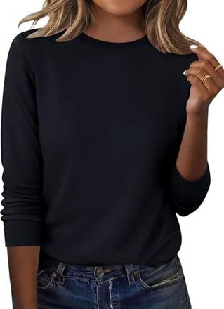 Minetom T-Shirt Femme Manches Longues Col Rond Hauts &Eacute;l&eacute;gant Extensible Top Chic Pull Basic D&eacute;contract&eacute; A Noir XL