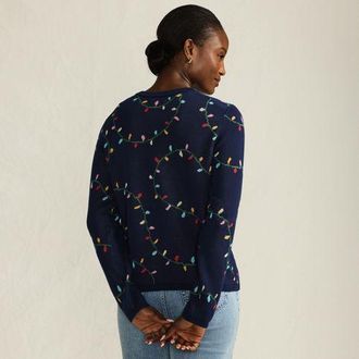 Lands End Feinstrick-Weihnachtspullover Lichterkette, Damen, Gr&ouml;&szlig;e:44-46 regular, Blau, Baumwolle, by Lands End