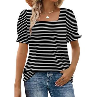 Generic T-shirt d&eacute;contract&eacute; &agrave; col carr&eacute; et manches smock&eacute;es pour femme, haut habill&eacute; et d&eacute;contract&eacute; &agrave; manches volant&eacute;es, rayures noires, XXL