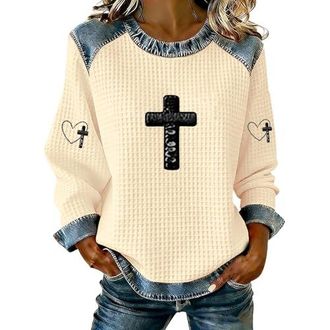 Generic Sweats chr&eacute;tiens pour femmes surdimensionn&eacute;s en tricot gaufr&eacute; denim patchwork sweatshirt religieux foi croix chemises graphiques vintage col rond cout