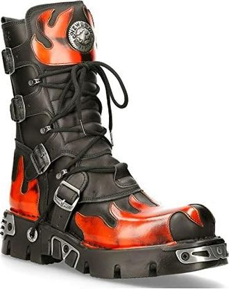 New Rock 591-S1 Bottes Rouge Flamme Métallisé Cuir Noir Goth Punk Motard Mode 11