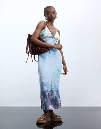 Desigual robe longue en jean &agrave; bretelles bleue