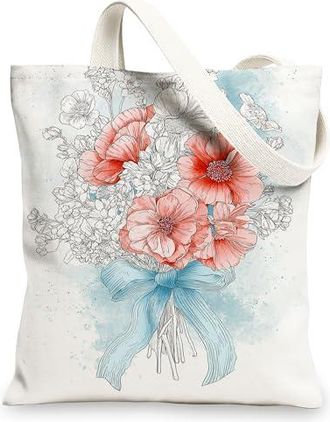 Generic Sacs fourre-tout en toile florale, design floral artistique, sacs de courses réutilisables, chics, légers, lavables, blanc, 13x15 Inch