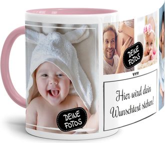 Tassendruck Foto-Tasse selbst gestalten mit Text & Collage für 4 Fotos - Geschenk für Familie, Freunde, Geburtstag, Weihnachten - Keramik Innen & Henkel Rosa, 300