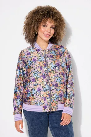 Ulla Popken Kurzjacke Wendeblouson uni/Bl&uuml;ten Collegekragen Rippb&uuml;ndchen