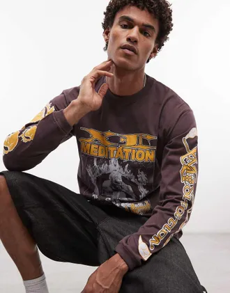 XLARGE T-shirt &agrave; manches longues et inscription Meditation - Violet-Marron