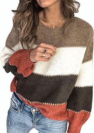 Heekpek Pull Femme Chic Chaud Pas Cher Rayé Ample Mode Pullover Col Rond Hauts Manche Longue Pull Femme Hiver Pull Tricoté, Multicolore, Taille XL