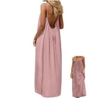 Generic Backless Cami Dresses, Casual Lounge Dress for Women, Solid Color Sleeveless Dress, Spaghetti Strap Flowy Long Beach Sundress (Pink,Grand)