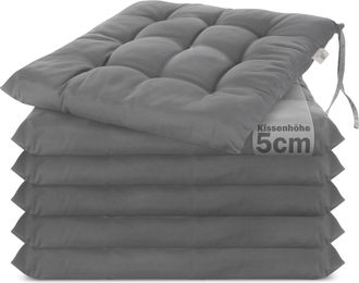 Brandsseller 6er Set Stuhlkissen 40x40x5 cm Sitzkissen Polster Stuhlauflage mit Haltebändern Dekokissen für Indoor Outdoor gesteppt - Dunkelgrau