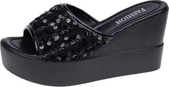 Generic Mules à talon haut bloc pour femme - Sandales dété à paillettes - Mules à strass - Talon compensé - Chaussures de plage avec semelle en liège - Sandal