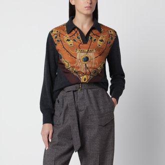 Etro Grey wool and cashmere sweater with printed silk intarsia