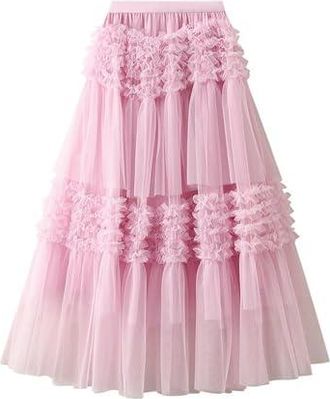 Generic Jupe Tulle Femme Tutu Jupe Jupes Femme Printemps 2025 Style F&eacute;e - Longue R&eacute;tro en Dentelle Superpos&eacute;e avec Grand Volume pour Look Romantique