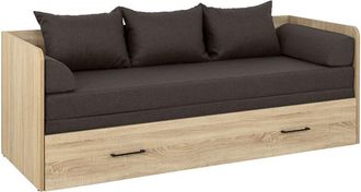 PEGANE Lit canap&eacute; convertible 80-160x200 cm coloris Ch&ecirc;ne sonoma avec coffre de rangement, matelas et 3 oreillers gris anthracite - Longueur 200,5 x
