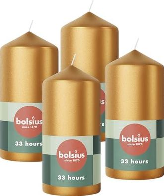 Bolsius Lot de 4 bougies piliers lisses - Dor&eacute; m&eacute;tallis&eacute; - 120 x 58 mm - Bougies d&eacute;coratives - Dur&eacute;e de combustion : 33 heures - Sans parfum - 5% de cire v&eacute;g&eacute;