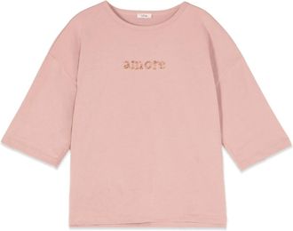 Oltre Femme, Tops, Rose, Taille: 36 FR T-shirt en coton avec broderie de lettrage