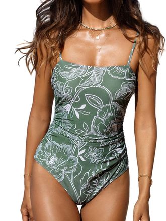 Cupshe Damen Badeanzug Bandeau Bauchweg Raffung Quadratischer Ausschnitt Riemendesign Blumenmuster Einteilige Bademode Swimsuit Grüne Blumen XL