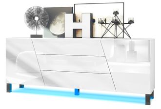 Vladon Sideboard Houston, Made in Germany, Kommode mit 2 T&uuml;ren und 3 Schubladen, Korpus Wei&szlig; matt, Fronten Wei&szlig; Hochglanz, inkl. LED-Beleuchtung (178 x 69,5 