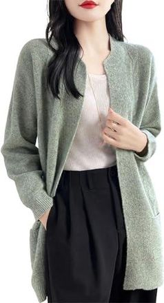 Generic Cardigan dhiver 100 % laine pour femme - Col rond - Tendance - Long et ample - Tricot doux - Grande taille, vert militaire, Taille L