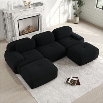 Generic L-f&ouml;rmiges modulares Cordsofa, modulares Ecksofa, Dreisitzer-Sofa, rahmenloses Sofa, ergonomisch, hochelastisch 32D gepolstert, for Wohnzimmer(Negro,3