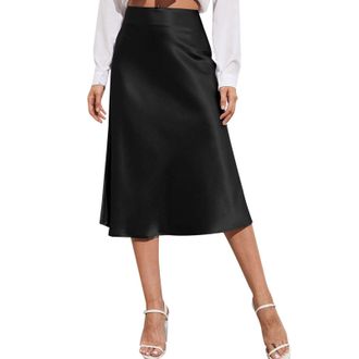Generic Satin Rock Damen Midi-Sommerrock Damen Plissee R&ouml;cke Sommer Plisseerock Midi Skirt Wickelrock Einfarbig Langer Rock A Linie Elegant Faltenrock Hohe Ta