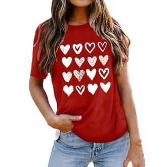 Generic T-shirt graphique &agrave; manches courtes pour femme avec motif coeur pour la Saint-Valentin 2026, Rouge, XXL