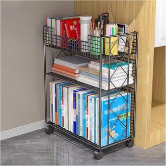 Generic Rollbarer Metallwagen/Aufbewahrungsbox/Zeitschriftenst&auml;nder/B&uuml;cherwagen mit Rollen for Schlafzimmer, Wohnzimmer, Zuhause, Schule(Black)