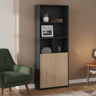 Dmora B&uuml;cherregal Rosalie, B&uuml;roregal, Mobiler Buchhalter, B&uuml;cherbrett, 80x34 h205 cm, Eiche und Grau